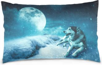 Linomo Kissenbezug 40x60 cm, Winter Wolf Mond Dekorative Kissenbezug Kissenhülle für Couch Sofa Bett Hause