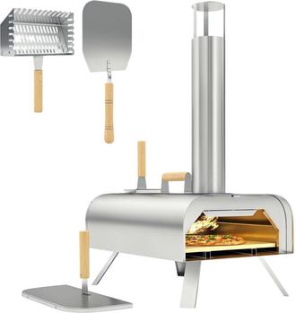 OUTSUNNY Outdoor Pizzaofen Holzbefeuerter Pizza Ofen aus Edelstahl, Backofen mit 1cm dick Pizzastein Klappbein Pizzaschaufel Deckel Tragbarer