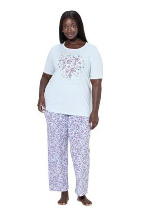 Ulla Popken Femme Grandes Tailles Pyjama &agrave; col Rond et Manches Courtes, Motif Floral Bleu 54+ 843256700-54+