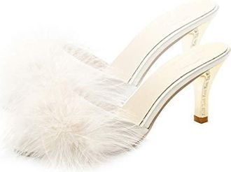 Holibanna Blanc Femme Fausse Chaton &Eacute;t&eacute; Mules sur Bout Ouvert Backless Robe Talons Pantoufles Glissantes Floutes Pantoufles Sandale, Blanc et beige., 39 EU