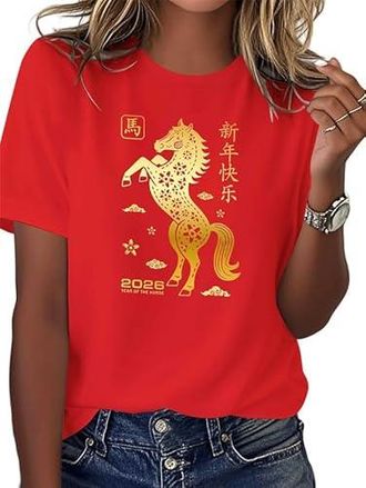 Keephen Joyeux Nouvel an Lunaire Chinois du Cheval 2026 Femmes T-Shirt Cheval Impression 3D Manches Courtes Col Rond Tops Blouse Pullover