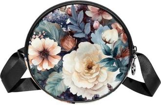Generic Petit sac &agrave; bandouli&egrave;re circulaire pour femme, motif feuilles florales, sac &agrave; dos avec fermeture &eacute;clair, bretelles r&eacute;glables, sac &agrave; main rond d&eacute;contra