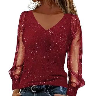 Generic Haut &agrave; manches longues &agrave; paillettes pour femme - Haut en maille scintillante pour femme - T-shirt sexy &agrave; col en V uni - Chemisier ample d&eacute;contract&eacute; po