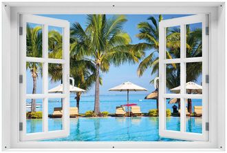 Wallario Outdoor-Poster für Garten oder Balkon Sonnenschirme am Südsee-Palmenstrand mit blauem Meer-Wasser, Motivbanner Größe: ca. 60 x 90 cm mit Fenster-Illus