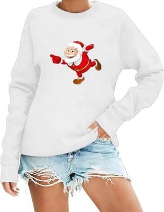 Generic Sweat-shirt de Noël pour femme - Pull de Noël moche amusant à col rond - Pull décontracté à manches longues - Imprimé Père Noël mignon - Chemisier pou