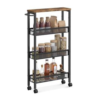 Relaxdays Nischenwagen, HxBxT: 77x13x45 cm, schmales Nischenregal Bad & K&uuml;che, 4 Ebenen, Rollregal Metall, braun/schwarz