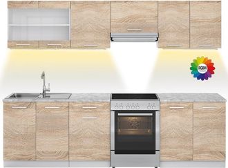 Vicco K&uuml;chenzeile Raul, Sonoma, 270 cm, AP Marmor mit LED-Leisten