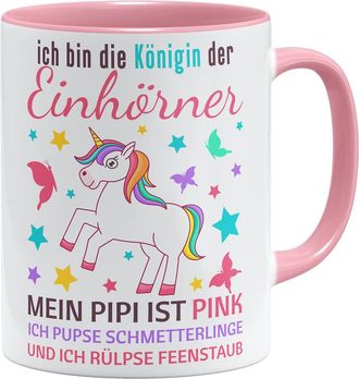 OM3 Einhorn Tasse mit Spruch I - ich bin die Königin der Einhörner - Keramik Becher - 11oz 325ml - Beidseitig Bedruckt - Rosa