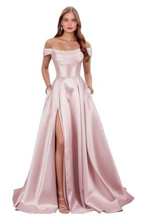 Generic Robes de bal en satin avec fente sans bretelles, corset trapèze, robes de bal à épaules dénudées, longues robes de soirée formelles avec poches, rose 