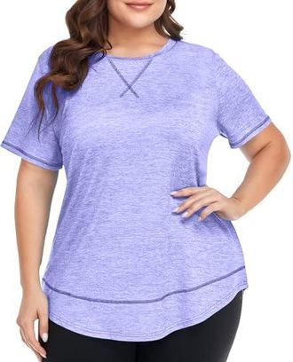Generic T-shirt de sport &agrave; manches courtes pour femme - Grande taille - Coupe ample - Pour gym, yoga, fitness, violet, 5XL