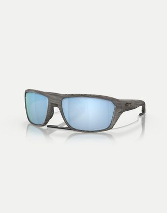Oakley Split Shot Woodgrain Collection - Rechteckige, polarisierte Sonnenbrille mit Holzmaserungsmuster und blau verspiegelten Gl&auml;sern-Braun