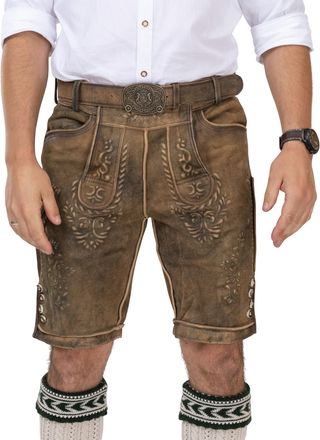 Sch&ouml;neberger Trachten Couture Lederhose Herren kurz - Premium Vintage Trachtenlederhose inkl. Trachteng&uuml;rtel - Trachtenhose Freising (60)