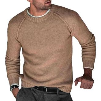 Generic Pulls d&eacute;contract&eacute;s &agrave; col Ras du Cou pour Hommes, Pulls en Tricot Classique Doux, &agrave; Manches Longues, Pull l&eacute;ger Bord c&ocirc;tel&eacute;, Camel, Taille XL