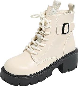 Generic Bottines de combat à lacets avec fermeture éclair latérale en cuir synthétique pour femme - Talon épais - Semelle crantée - Pour fête quotidienne, bei