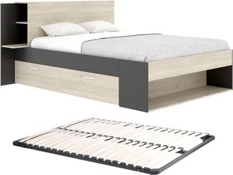 Vente-Unique Vente-unique - Lit 140 x 190 cm avec rangements - Coloris : Naturel et noir + Sommier - kerosia