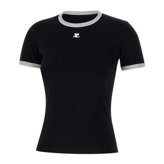 Courr&egrave;ges Femme, Tops, Noir, Taille: 36 FR Signature Contrast T-shirt