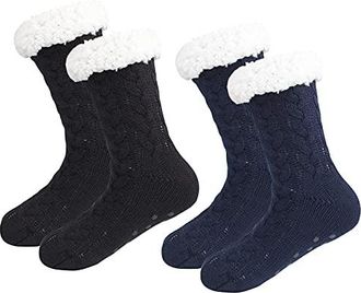 Feoya 2 Paires Chausson Chaussette Homme Femme Hiver Chaud Chaussettes Anti-dérapantes Épaisse Unisexe Chaussette Pantoufle Doublure en Polaire pour Noel St