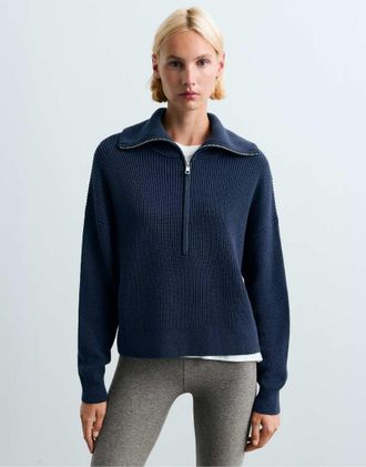 Oysho Baumwoll-Strickpullover mit Half-Zip in Marineblau