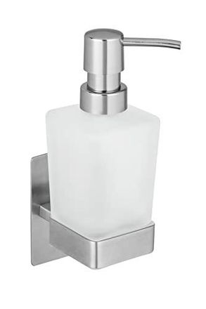 WENKO Turbo-Loc Seifenspender Genova Matt, 200 ml, Befestigen ohne Bohren, Edelstahl/Glas satiniert, 6,2 x 19,7 x 9 cm, Silber matt