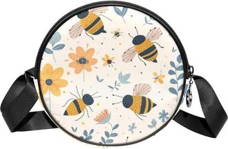 Generic Petit sac &agrave; bandouli&egrave;re rond pour femme, motif abeilles florales, sac &agrave; dos avec fermeture &eacute;clair, bretelles r&eacute;glables, sac &agrave; main rond d&eacute;contract&eacute; po