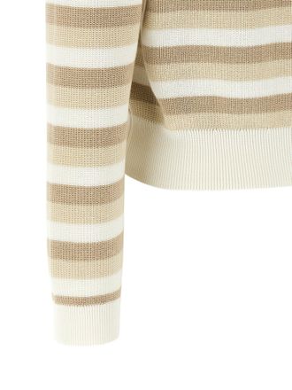 Brunello Cucinelli Striped Cotton Crew Neck Sweater - Beige