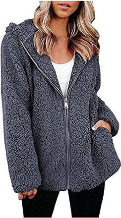 Generic Vestes dhiver surdimensionn&eacute;es &agrave; manches longues avec fermeture &eacute;clair &agrave; revers et fausse peau de mouton pour femmes, 2026, gris, L