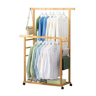 Generic LXGJSQY Portant à vêtements Roulant avec étagères, Portant à vêtements sur roulettes, Portant à vêtements en Bambou, Double Rails de Suspension pour c