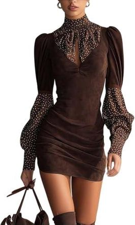 Generic Robe moulante en daim synth&eacute;tique marron &agrave; pois pour femme, coupe extensible, mini robe en daim synth&eacute;tique, marron, XXL