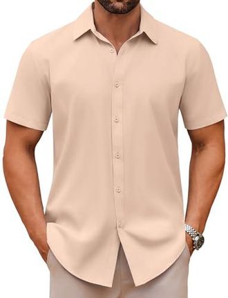 Coofandy Chemise à Manches Courtes pour Homme dÉté Chemise daffaires Décontractées Repassage Facile Unie Coupe Régulière Top Basique Kaki Clair XXL