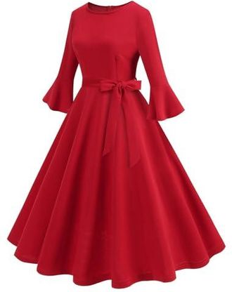 Generic Robe &agrave; manches cloches et col rond pour femme - Couleur unie - No&euml;l - Halloween - R&eacute;tro - &Eacute;l&eacute;gante - Robe en dentelle pour femme, Rouge, XXL