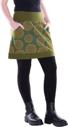 vishes Alternative Bekleidung - Damen Mini-Rock Baumwolle Mandala-Muster elastischer Bund mit Taschen Olive 38