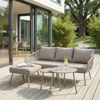 IDIMEX Gartenlounge Mykonos, Champagne/beige - Balkon Lounge Sofa mit Dreisitzer, Hocker & Beistelltisch, Wasserabweisende Kissen, wetterfest f&uuml;r Balkon und 