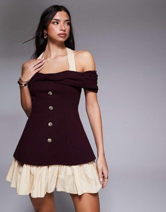 Asos Robe courte boutonn&eacute;e &agrave; encolure am&eacute;ricaine - Bordeaux-Rouge