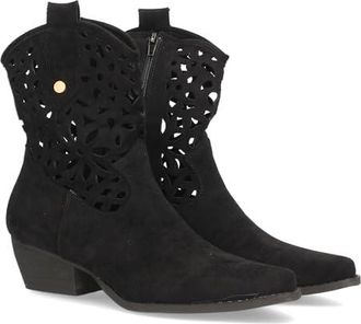 Shoes & Blues Bottine cowboy pour femme, design ajour&eacute; dans les cheveux blancs, touche artisanale et distinctive. Talon bas et semelle flexible. D&eacute;coupe avec transp