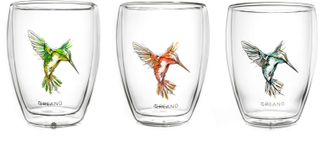 Creano doppelwandige Tee-Gl&auml;ser, Cappuccino-Glas, Thermoglas Hummi im Kolibri Design, 3er Set, 250 ml in exklusiver Geschenkbox, blau/rot/gr&uuml;n