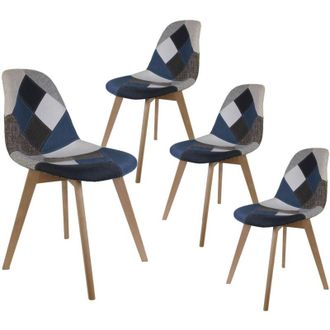 Altobuy DAMAS - Lot de 4 Chaises Patchwork Bleu et Gris