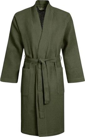 Morgenstern Robe de Chambre Homme Coton &Eacute;t&eacute; Lux Gaufr&eacute; Piqu&eacute; Peignoir de Bain Waffle L&eacute;ger Japon Kimono Vert-Olive XL Extra Large Taille 56 58