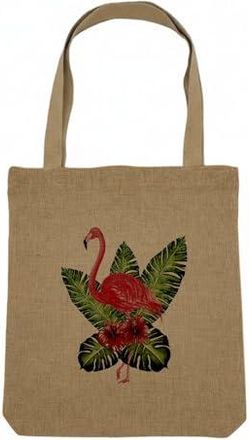 Fabulous Sac Shopping Tote Bag Aspect Lin - Flamand Rose et Hibiscus Tropical Exotique Jungle - Sac de Courses Toile Epaisse 360g Beige Naturel Cabas Port&eacute; Epa