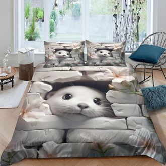 Generic Bettbezug Tier Biber 135X200 cm 3D Bettw&auml;sche-Sets Kuschelig Leicht Mikrofaser 3 Teilig Linie Bettbez&uuml;ge Versteckter Rei&szlig;verschluss Mit 2 Kissenbezug 