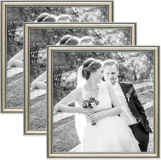Photolini 3er Set Bilderrahmen Silber Barock Antik 30x30 cm Fotorahmen mit Glasscheibe/Kunststoffrahmen