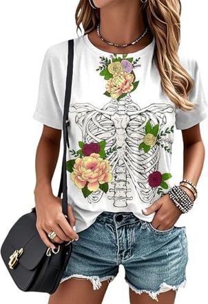 Generic T-shirts dHalloween pour femmes, squelette floral | T-shirts graphiques &agrave; manches courtes coupe r&eacute;guli&egrave;re v&ecirc;tements d&eacute;t&eacute; - pour voyage, Fleur squelett