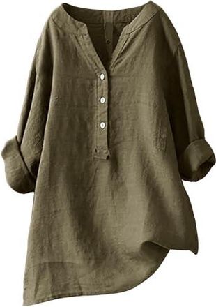 Generic Chemise en coton grande taille pour femme, haut respirant, col en V, boutons, chemises enroulables, coupe ample, chemisier de plage 2026, marron, 4XL
