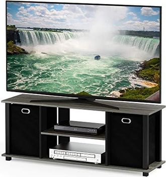 Furinno Econ TV Schrank/Entertainment Center mit 2 Einschüben, holz, Französische Eiche Grau/Schwarz/Schwarz, 29.72 x 105.92 x 40.13 cm