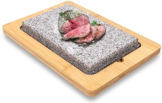 Nutrichef NutriChef Granitstein Grillplatte 38x27 cm - Teppanyaki Tischgrill mit Bambusplatte, Antihaft, 290 °C, rutschfest, Indoor & Outdoor