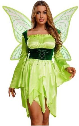 dPois Adulte Femme Fee Clochette Deguisement Femm Fee Clochette Robe Fluide &Agrave; Volants avec Ailes Ailes De F&eacute;e Princesse F&eacute;e Cosplay Carnaval Vert XXL