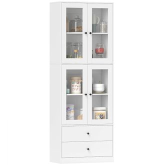 HOMCOM K&uuml;chenschrank Vitrinenschrank mit Arbeitsplatte, 2 Schubladen Hochschrank mit 4 Glast&uuml;ren Buffetschrank mit Verstellbaren Ablagen 59 x 30 x 170 cm, We