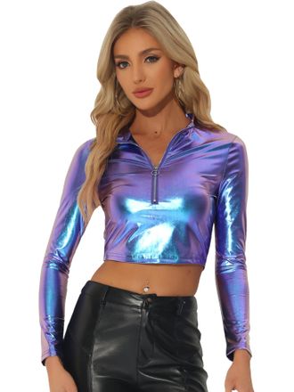 Allegra K Damen Metallic Crop Party Tops Glitzer Langarm Rei&szlig;verschluss Top Oberteil Blau XL