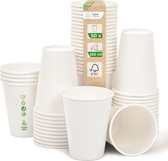Love Nature Pappbecher Wei&szlig; 250 ml 10 oz - Kaffeebecher 50 St&uuml;ck - Coffee to go Becher - Einwegbecher zum Servieren von Kaffee, Tee, hei&szlig;en und kalten Getr&auml;nken