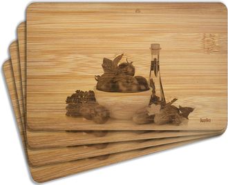 Wallario 4er Set Frühstücksbrettchen aus Holz, Holzunterlage, Holzbrettchen Frische Salatzutaten mit Kräuter-Öl - Tomaten, Gurke, Petersilie, Größe 22 x 14 cm