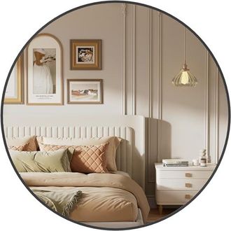 Songmics Miroir Rond, Miroir Mural, Diamètre 61 cm, Cadre en Métal, Facile à Installer, pour Salle de Bain, Salon, Chambre, Entrée, Couloir, Noir dencre LWM102